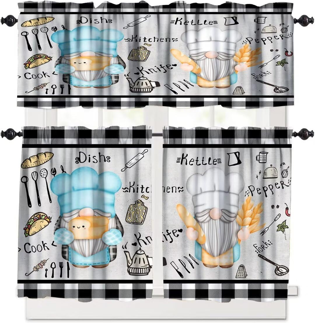 Retro Chef Kitchen Valance 3 Piece Kitchen Curtains Cute Dwarf Chef ...