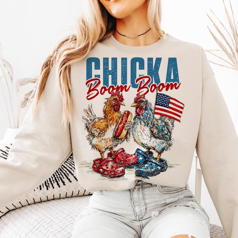 Retro Chicken 4th of July SweatSweatshirt, Chicka Boom Boom Tee, Funny ...
