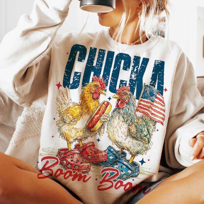 Retro Chicken 4th of July Sweatshirt, Funny USA Chicka Boom Boom Shirt ...