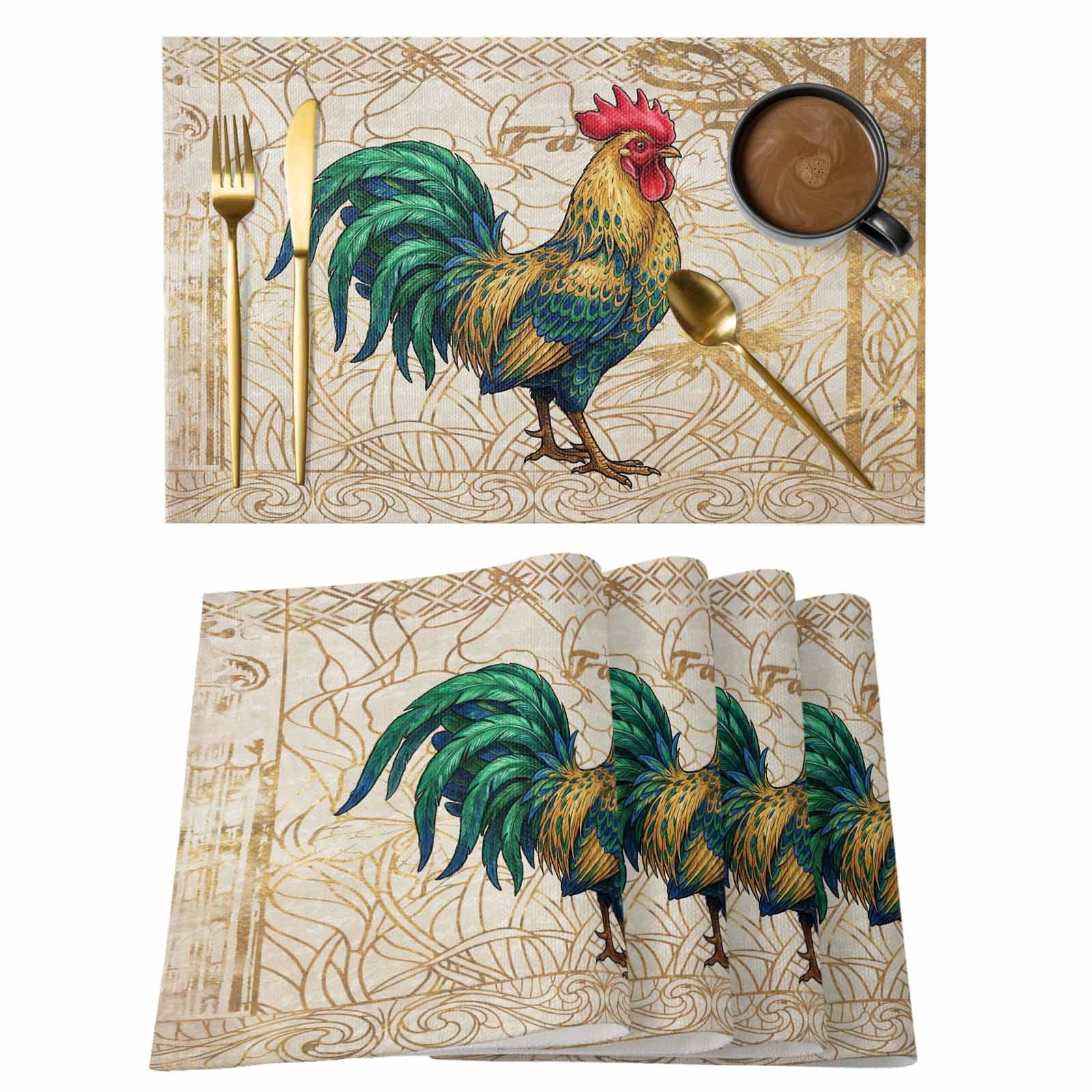 Retro Chicken Placemats Set of 4, Farm Rooster Animal Black Gold Plated ...