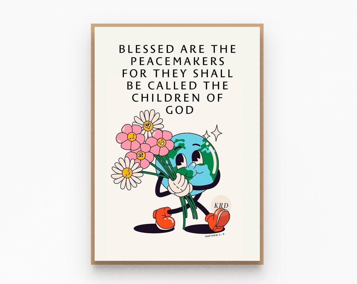 Retro Christian Poster, Matthew 5:9, Biblical Art Floral Bible Verse ...