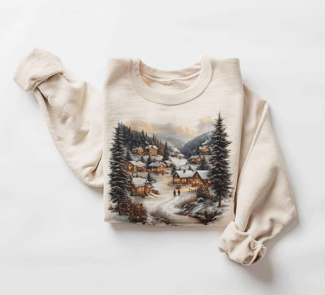 Retro Christmas Winter Village Sweatshirt - Nineties 90s Mountain Pine ...