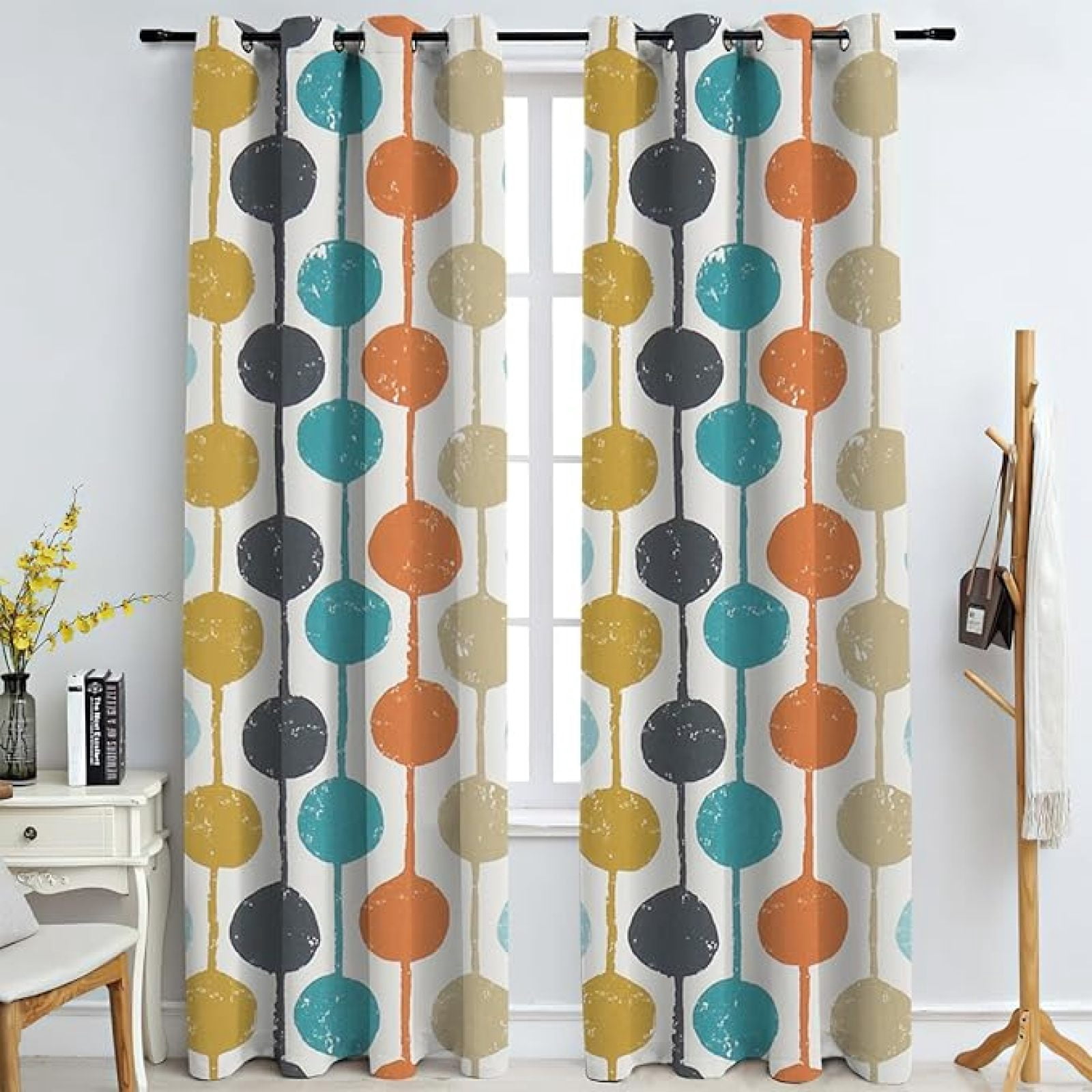 Retro Circles Mid Century Modern Grommet Curtains, Colored Polka Dots ...