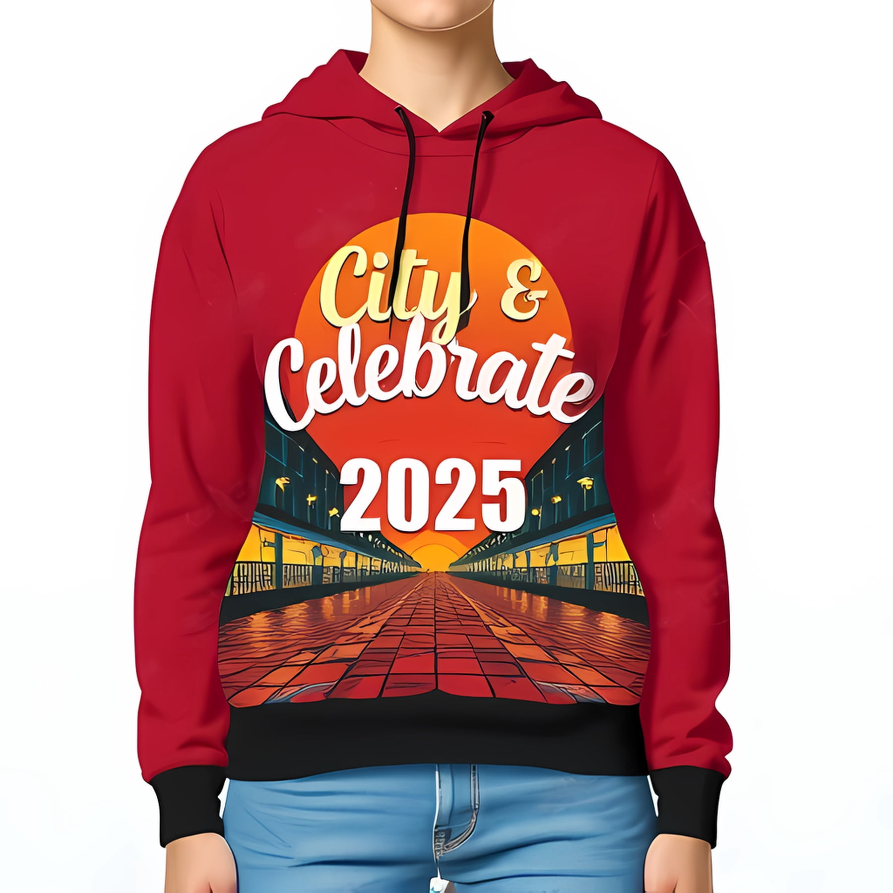 Retro City Street Scene 3D Hoodie - Red Sweatshirt with Vintage Graphic ...