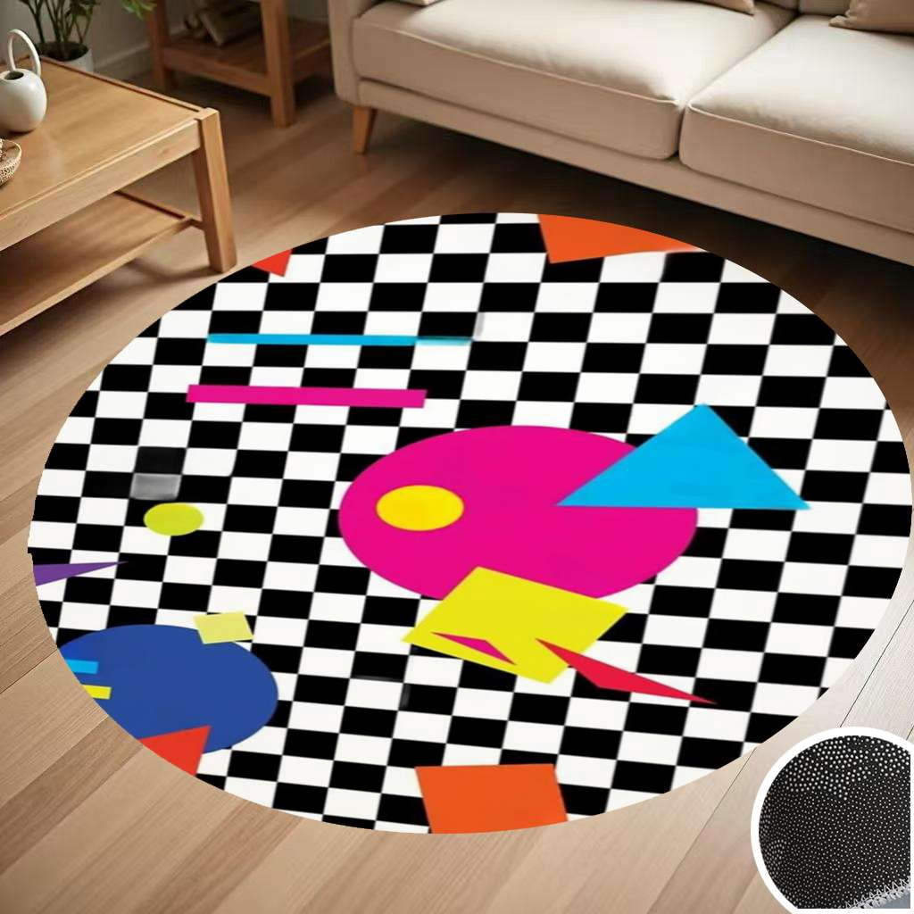 Retro Classic 1980S Shapes On Black And White Check Round Carpet Living ...