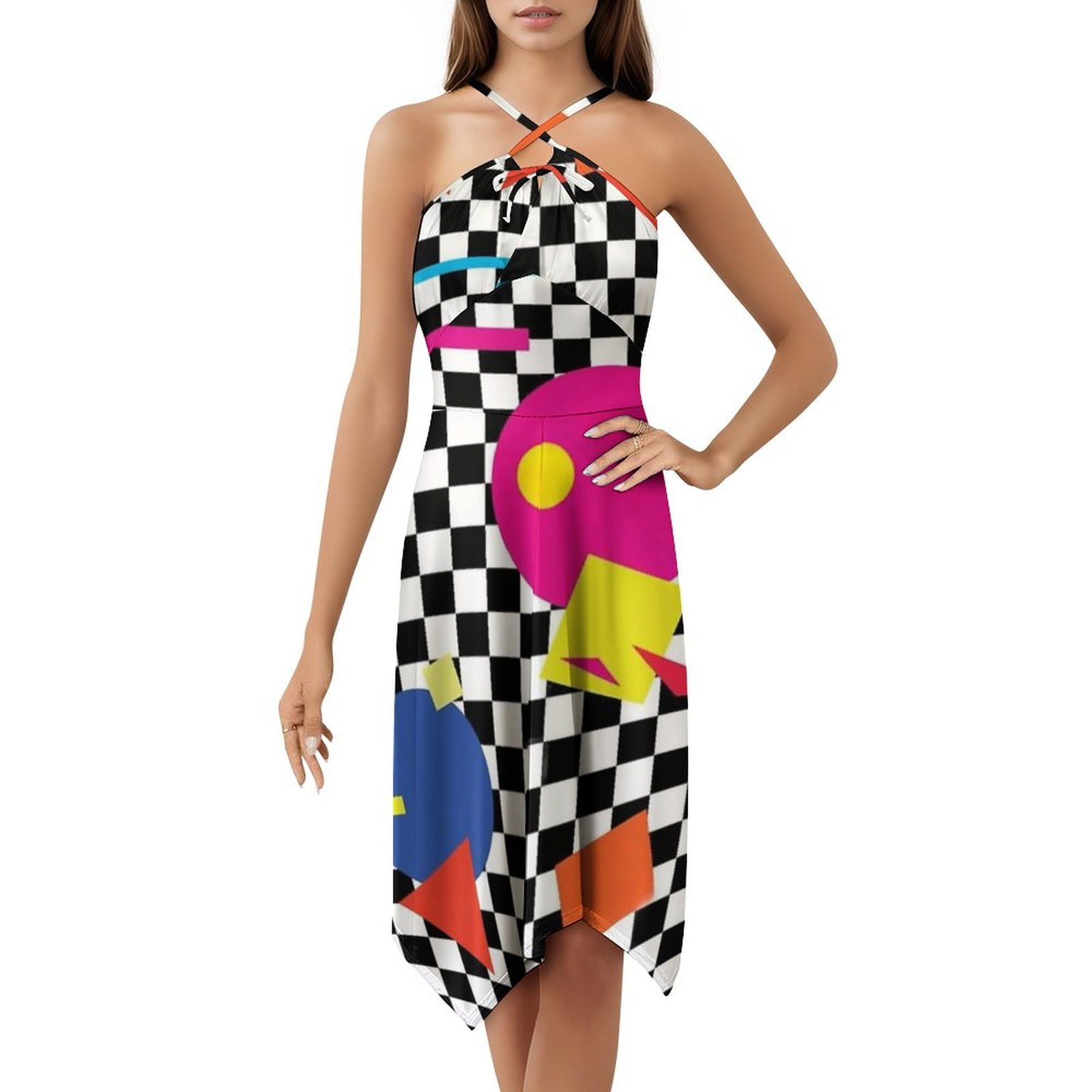 Retro Classic 1980s Shapes On Black And White Check Dress Elegant Party Dresses Evening Dresses ...