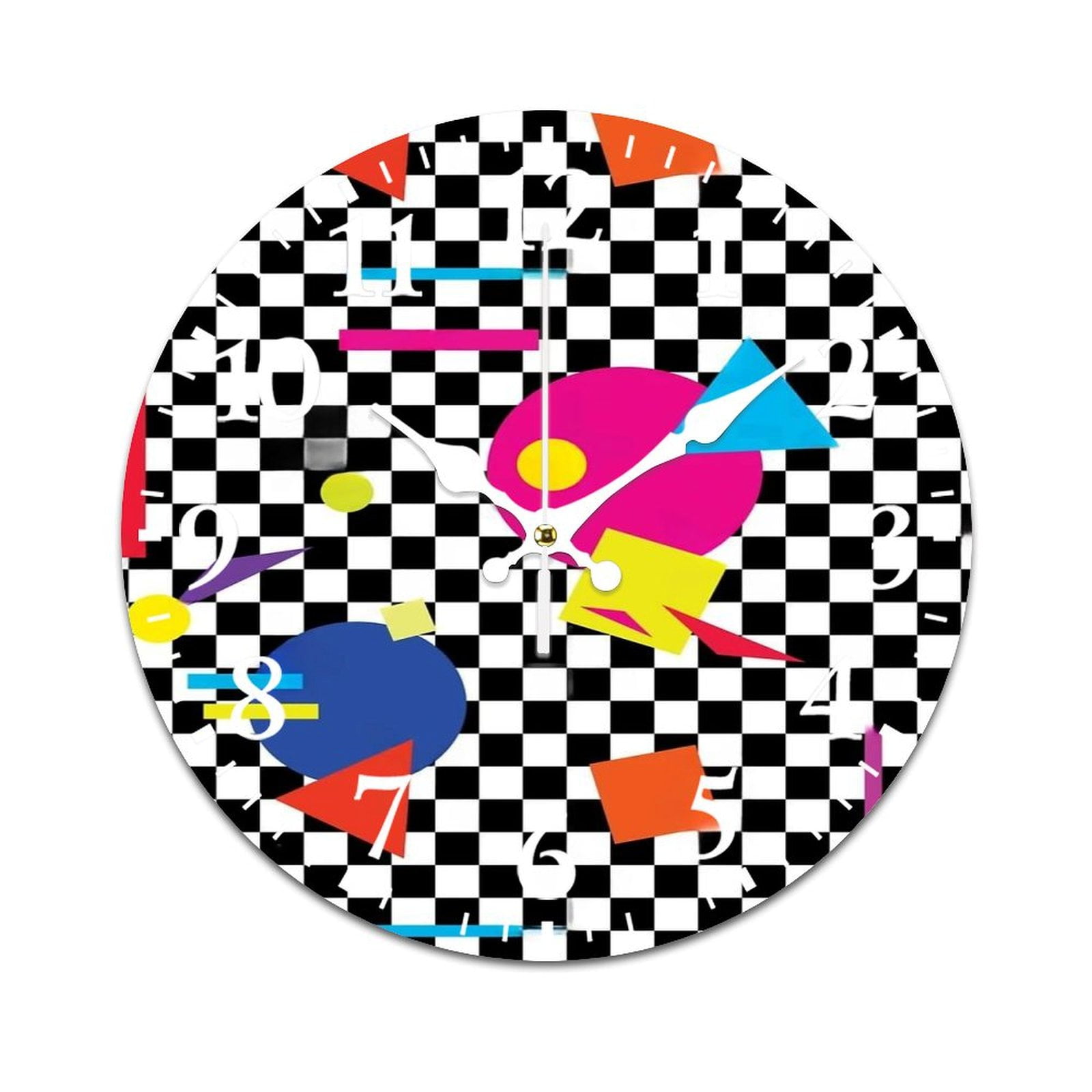 Retro Classic 1980s Shapes On Black And White Check Wall Clock Modern ...