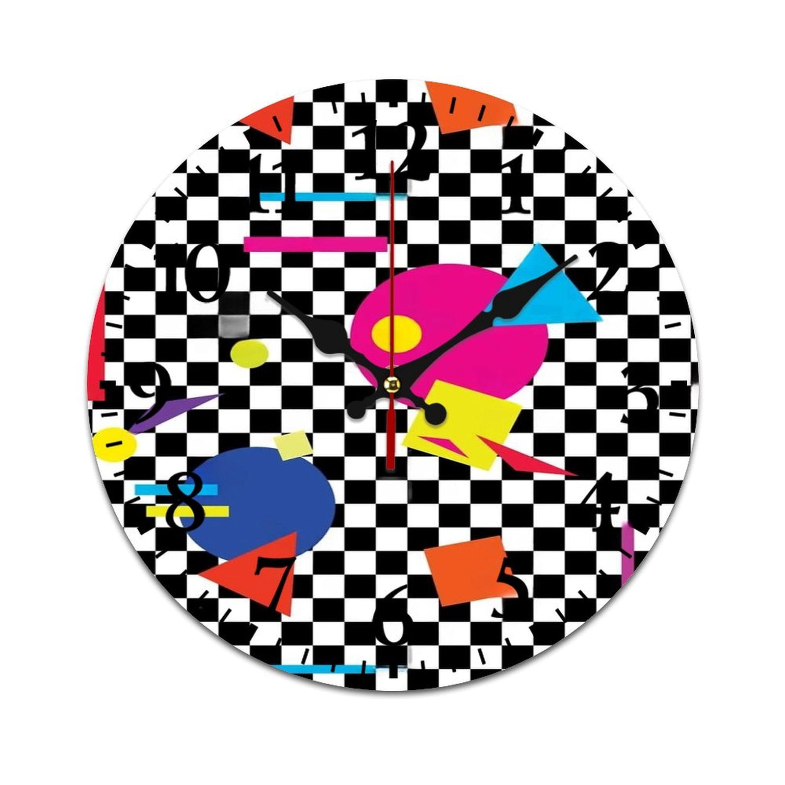 Retro Classic 1980s Shapes On Black And White Check Wall Clock Modern ...