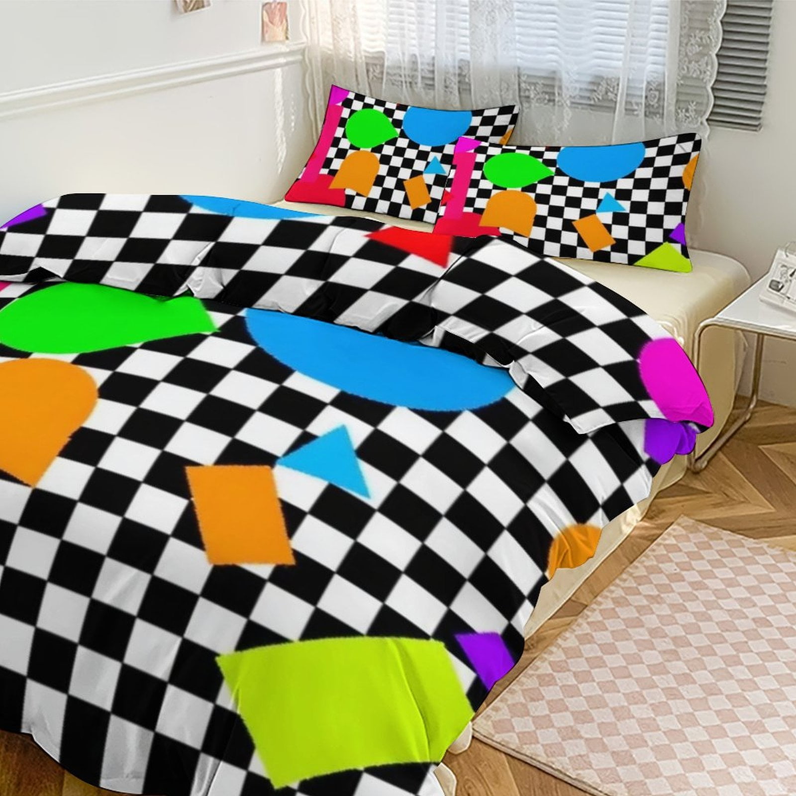 Retro Classic 80s Shapes in Black And White Checkered 102"x90" 3 Pcs ...