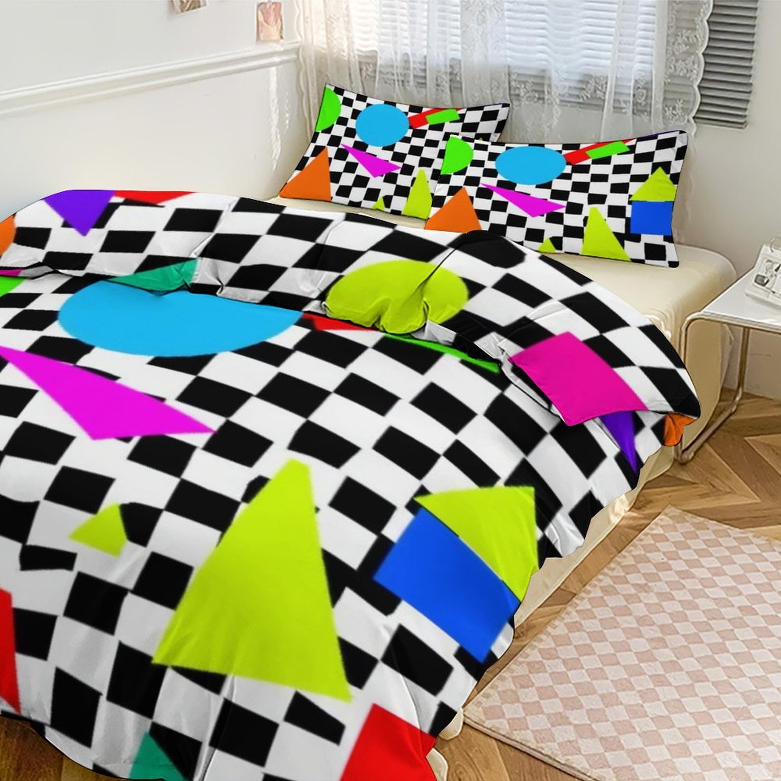 Retro Classic 80s Shapes in Black And White Checkered 102"x90" 3 Pcs ...