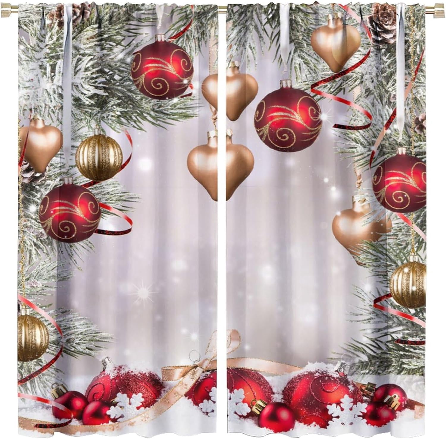 Retro Classic Christmas Ball Curtains, Rustic Winter Snowy Pine Branch ...
