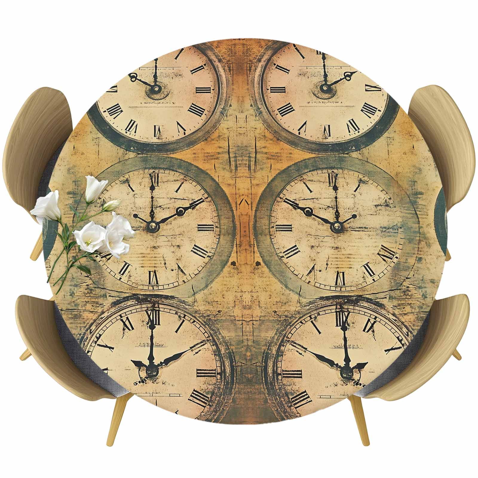 Retro Clock Round Tablecloth 45-54 Inch Round Fitted Table Cloth with ...