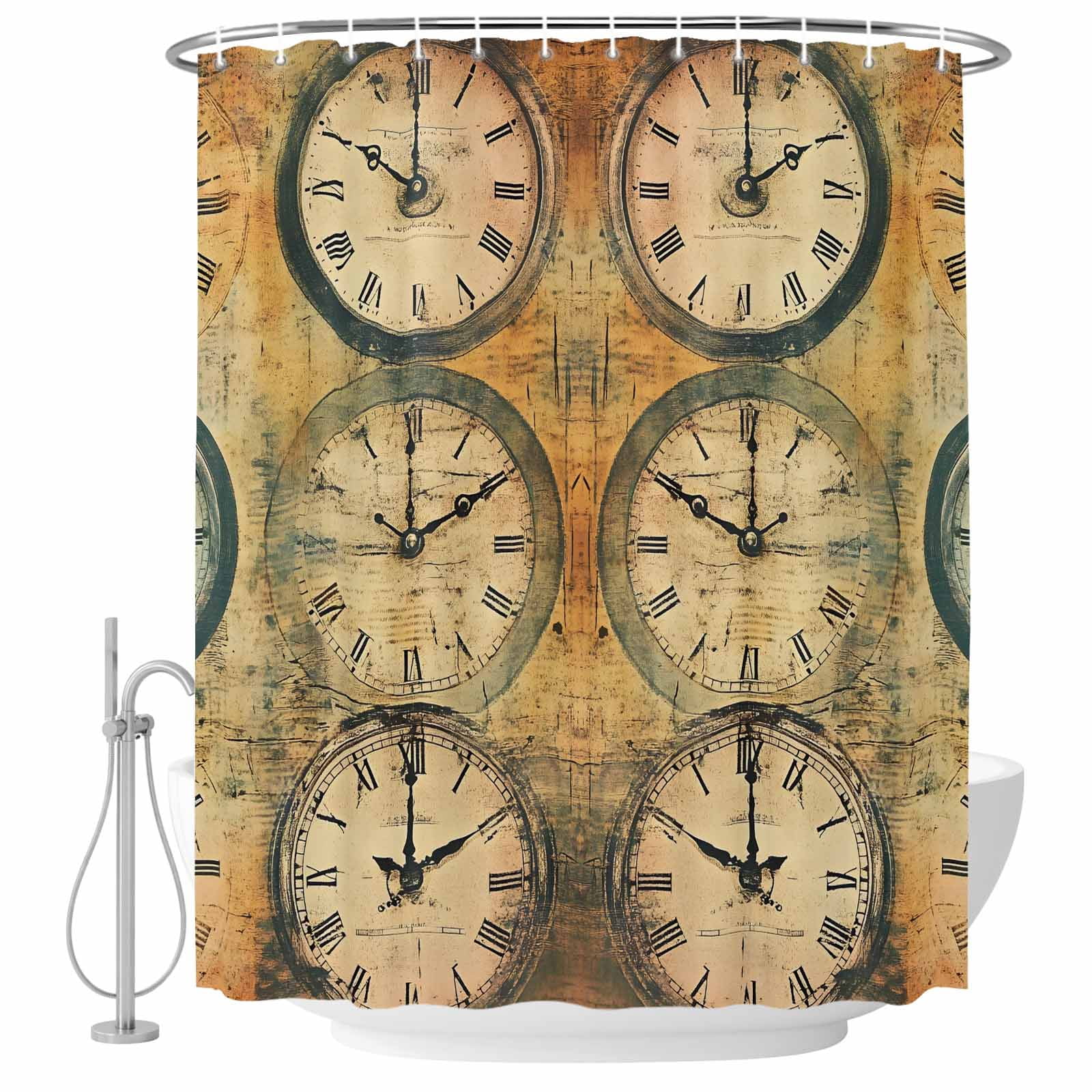 Retro Clock Shower Curtain Set - 48" x 72" Washable Bathtub Curtain ...