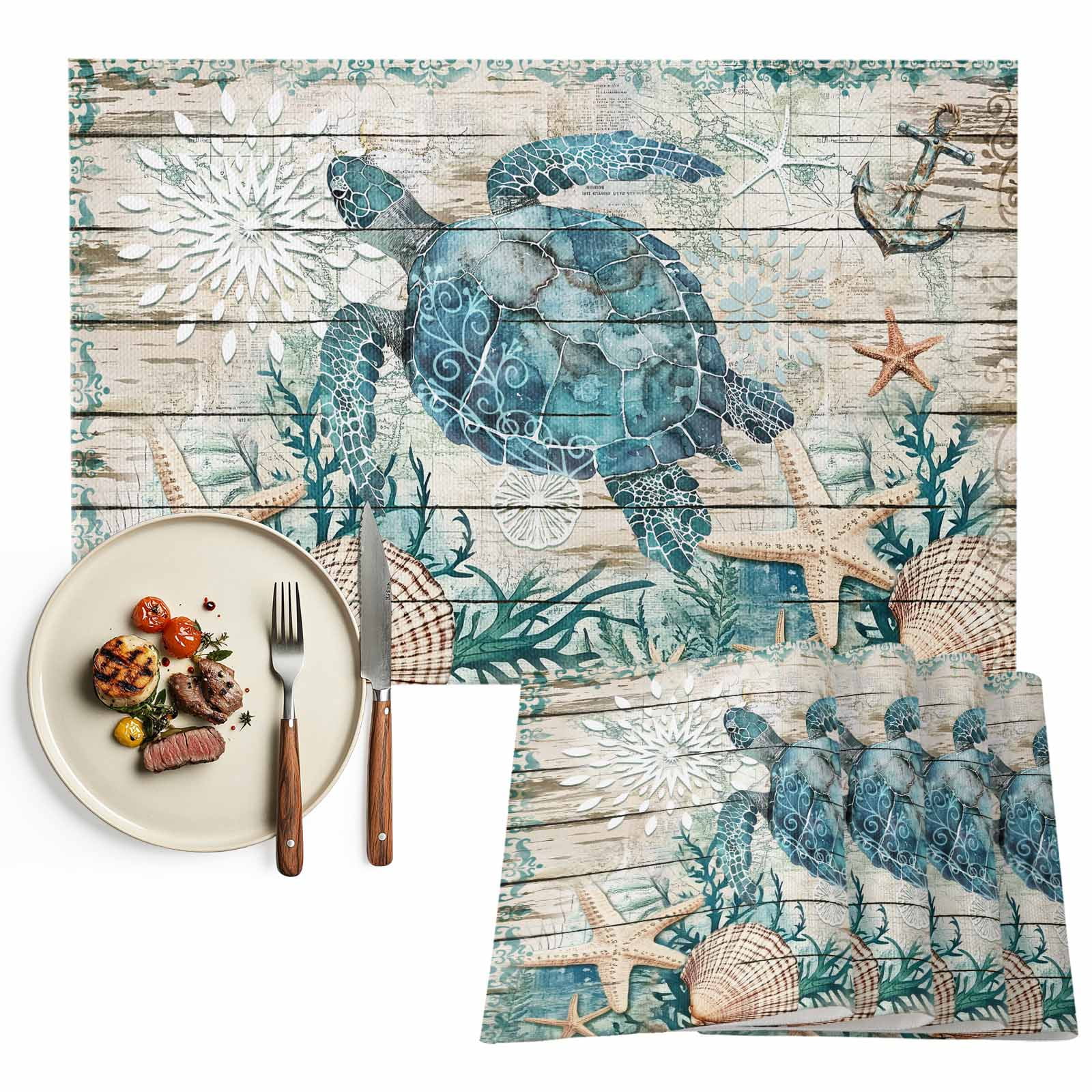 Retro Coastal Placemat of 1 PC, Wood Texture Sea Turtle Starfish Table ...