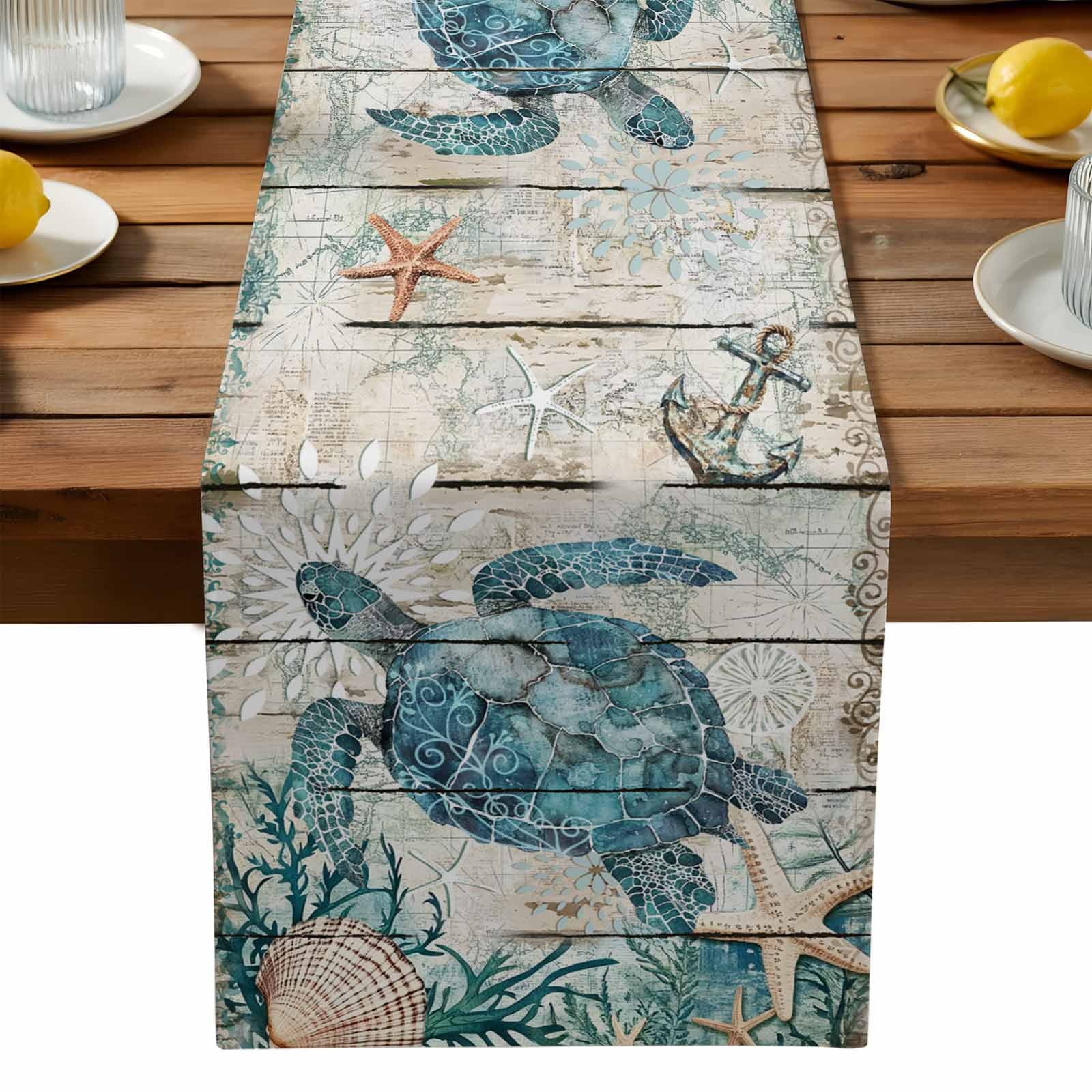 Retro Coastal Table Runner, Wood Texture Sea Turtle Starfish Cotton ...