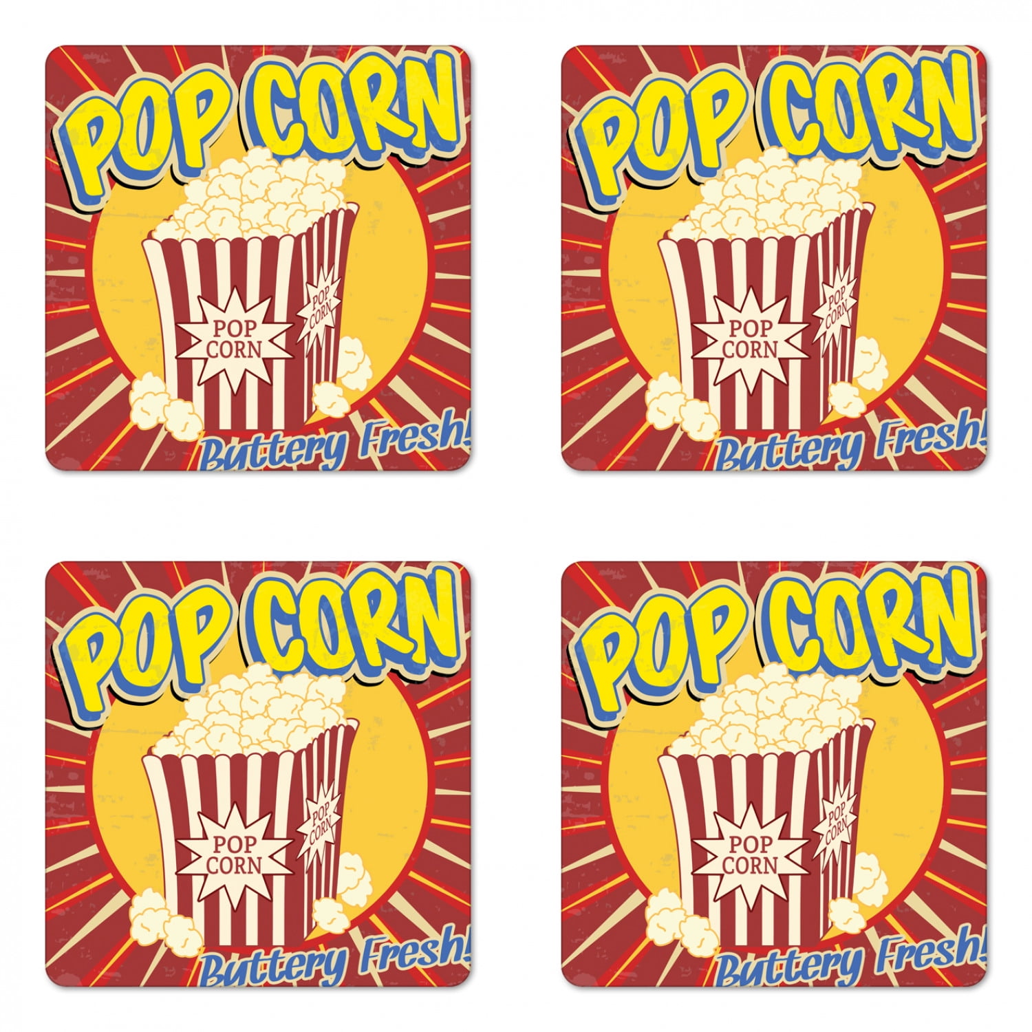 Retro Coaster Set of 4, Vintage Grunge Pop Corn Commercial Print Old ...