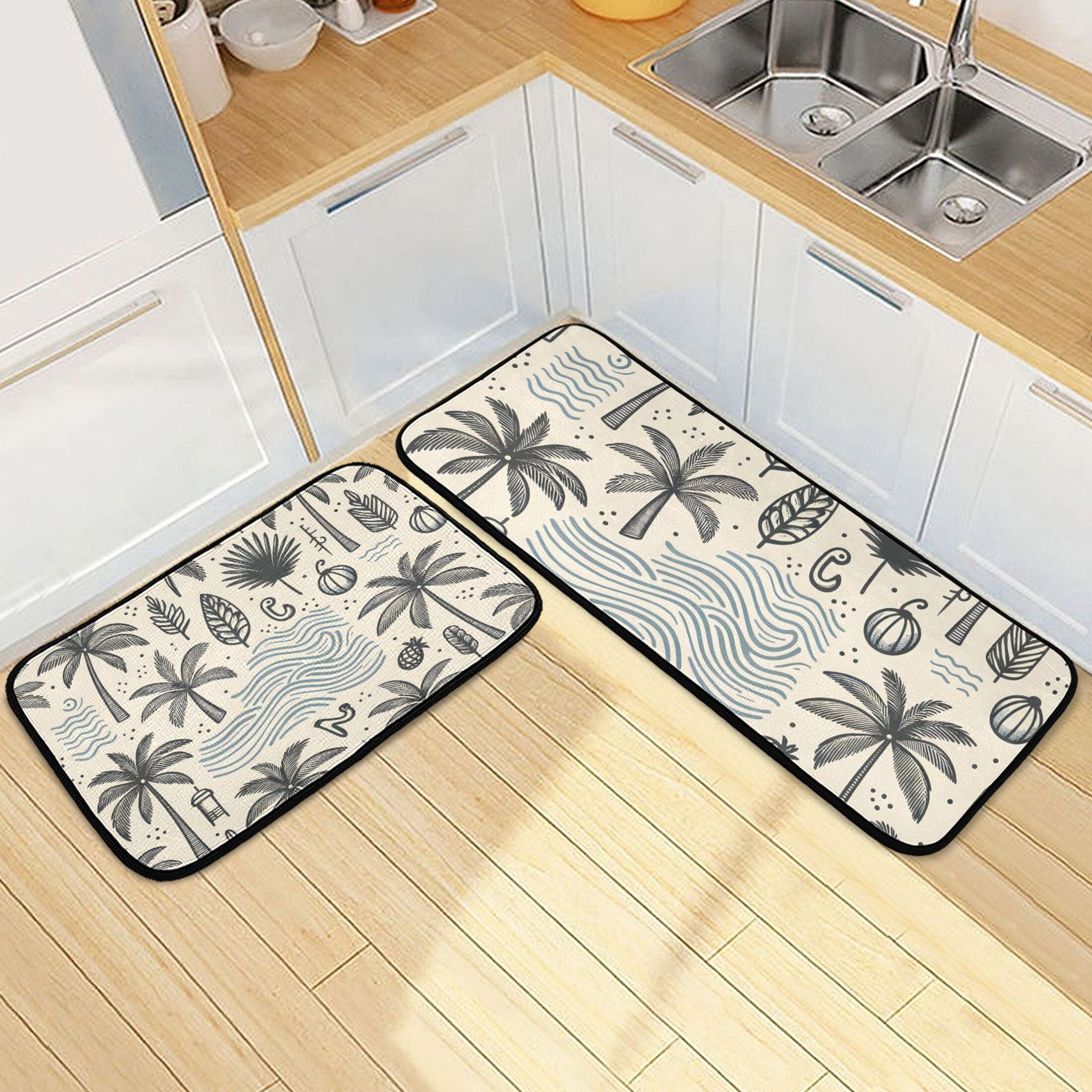 Retro Coconut Tree Kitchen Rugs Set of 2 Non Slip Floor Foam Mat ...