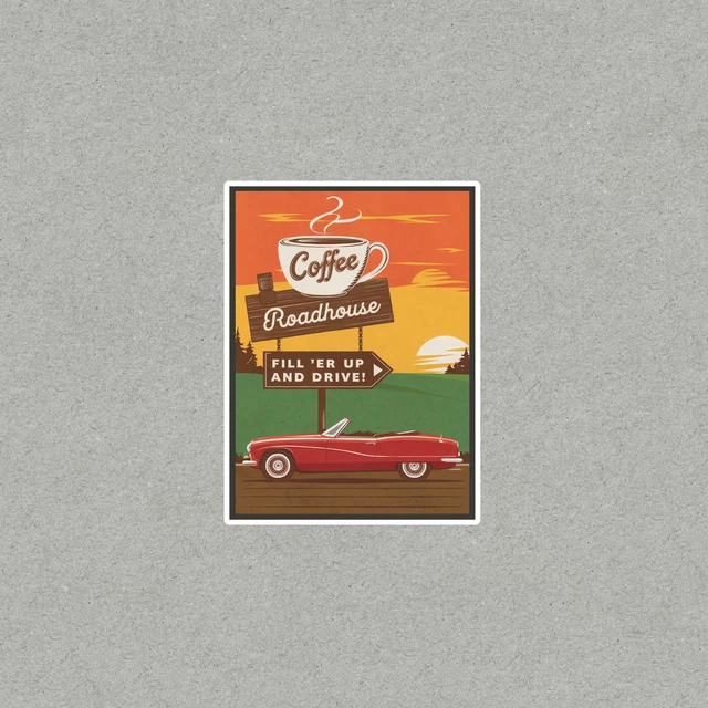 Retro Coffee Roadhouse Sticker - Vintage Car Road Trip Wall Art ...