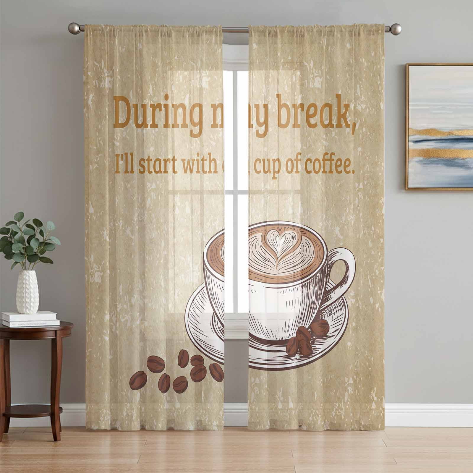 Retro Coffee Sheer Curtains 63 Inch Length 2 Panels Set Window ...