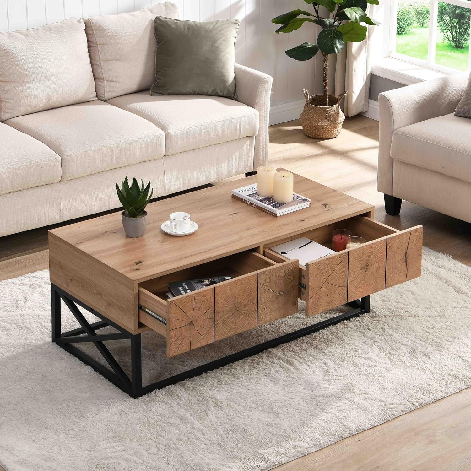 Retro Coffee Table, 43.31" Farmhouse Coffee Table with 2 Drawers, Wood ...