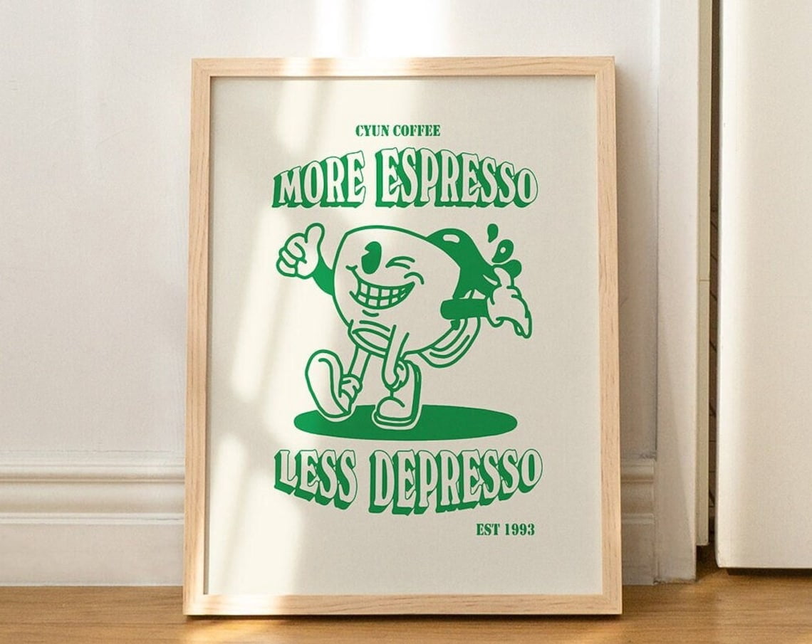 Retro Coffee Wall Print, More Espresso Coffee Print, Wall Decor, Green ...