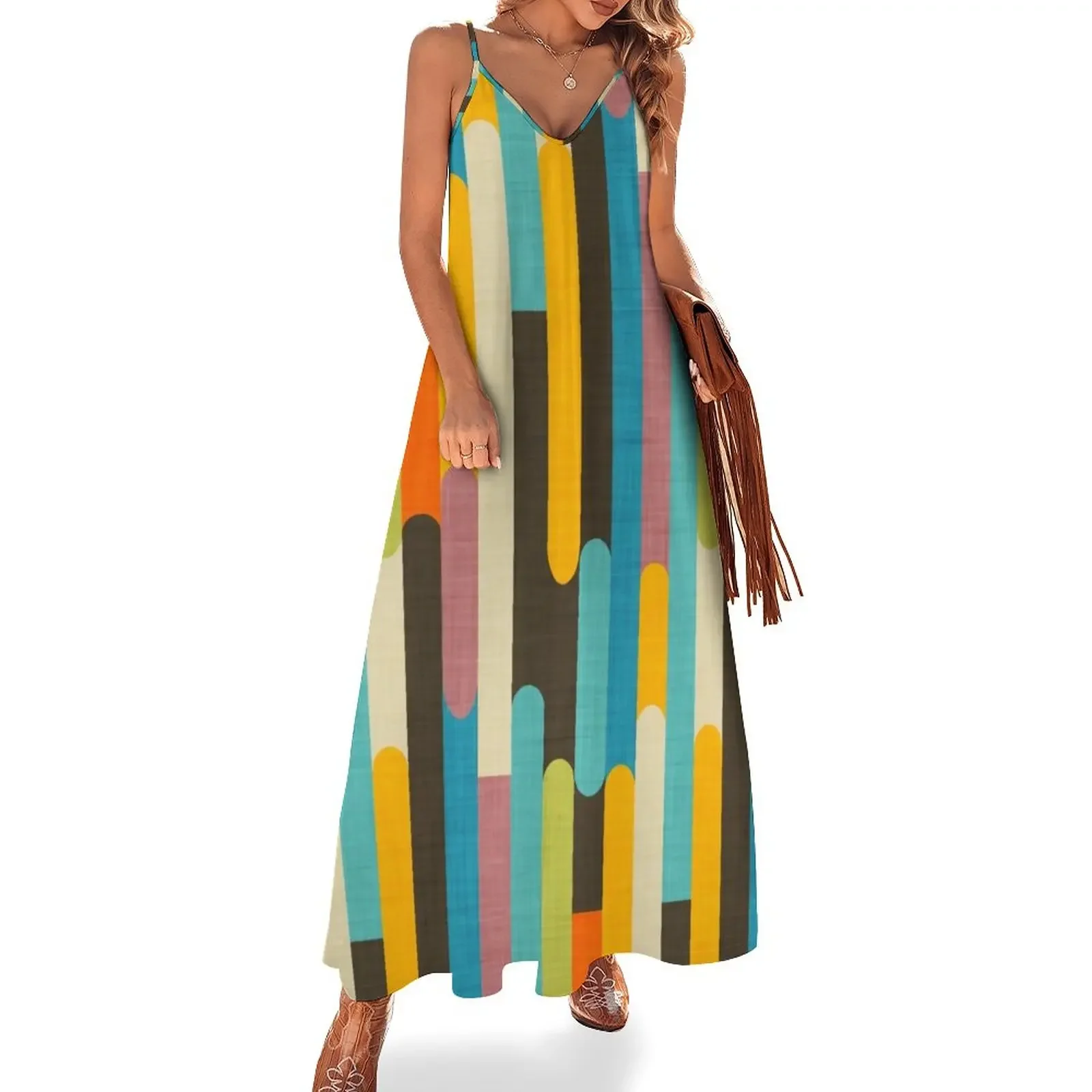 Retro Color Block Popsicle Sticks Blue Sleeveless Dress prom dresses ...