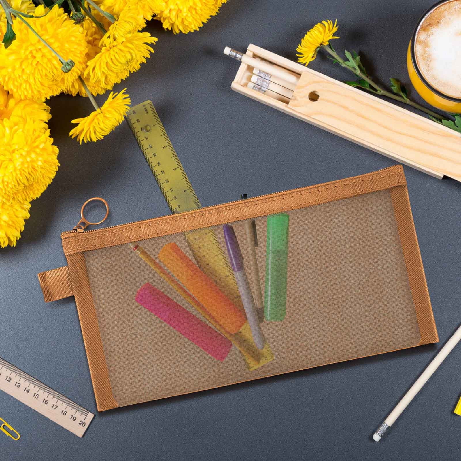 Retro Color Mesh Zipper Bag with Transparent Storage for Files and Pens ...