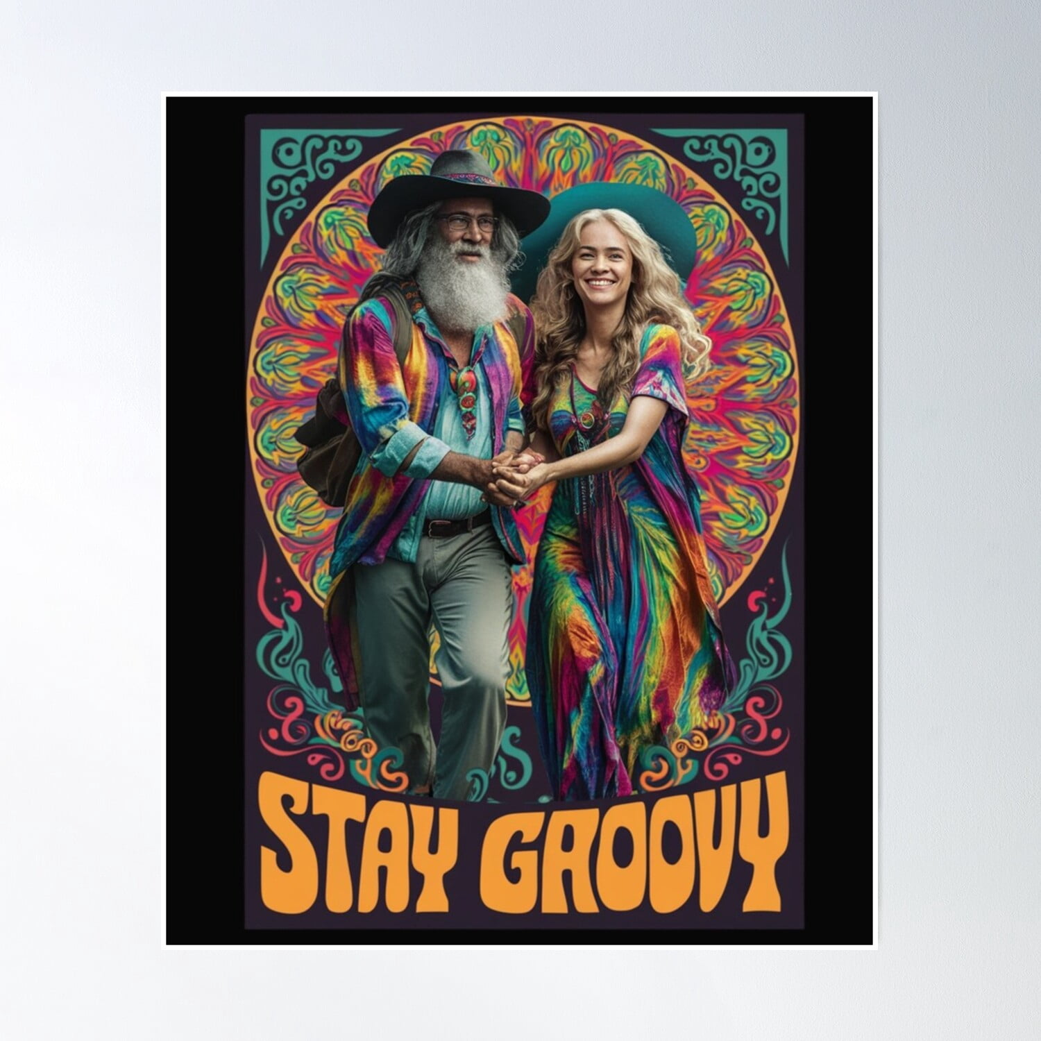 Retro Colorful Hippie Couple Stay Groovy Poster Wall Art, Modern Wall ...