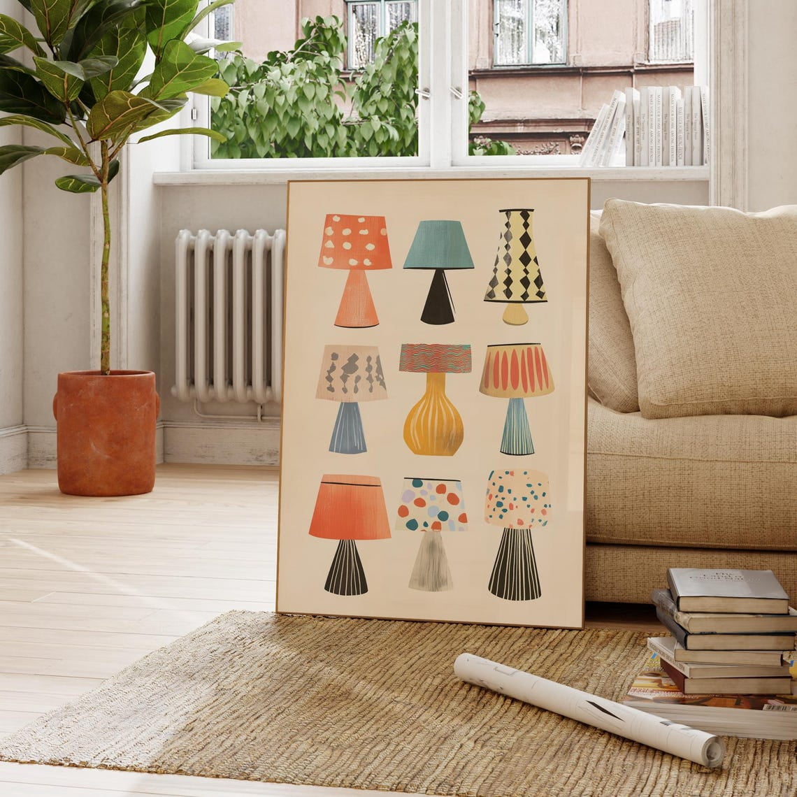 Retro Colorful Lamps Wall Art, Dotted Lamp Print, Mid Century Modern ...
