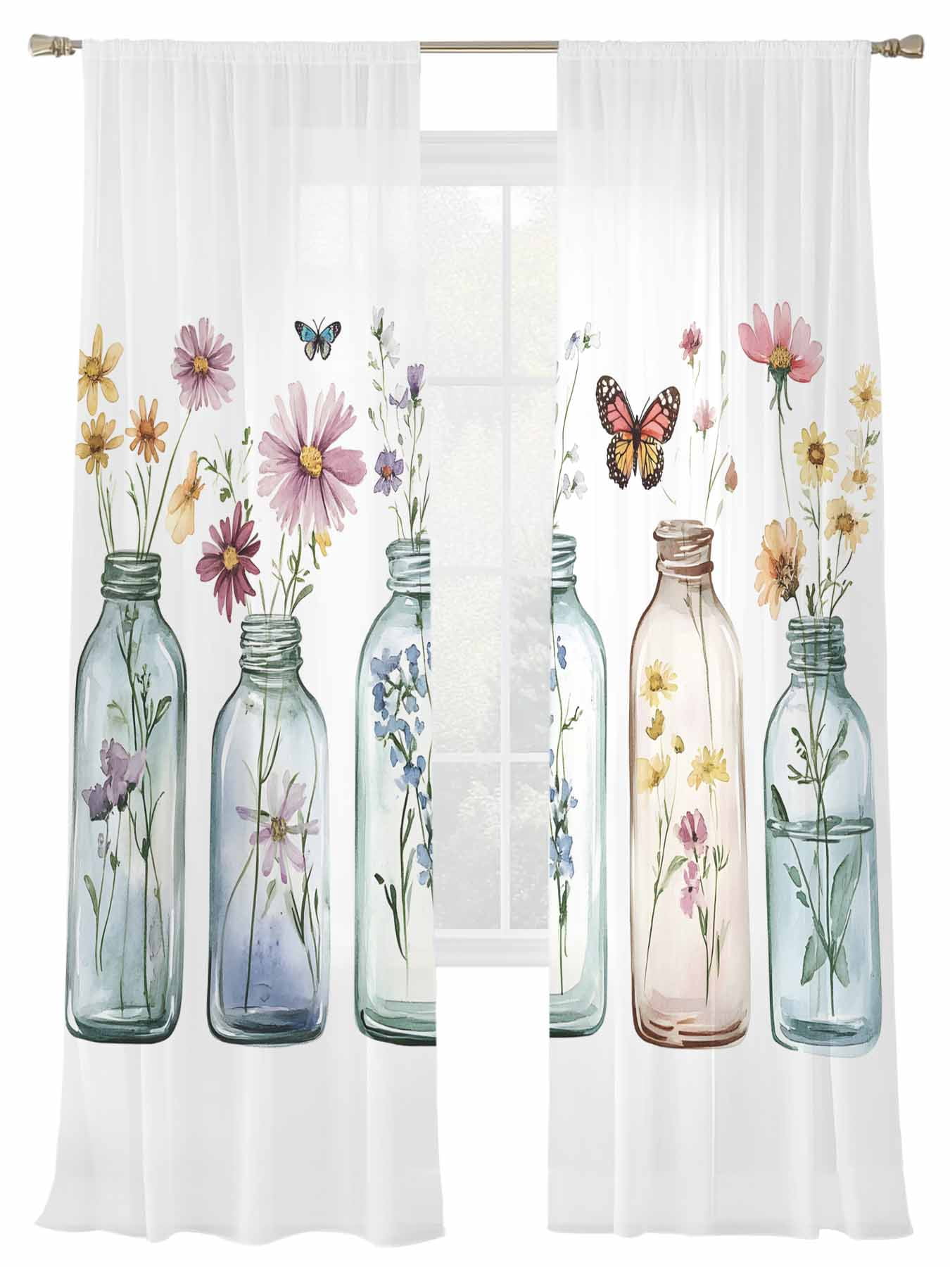 Retro Colorful Sheer Curtains 2 Panels Set Daisy Wildflowers Bottle ...