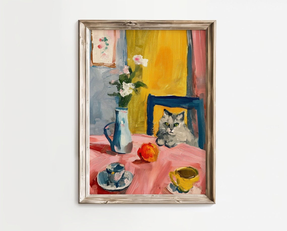 Retro Colourful Morden Fauvism Cat On A Dinning Table Abstract Kitchen ...