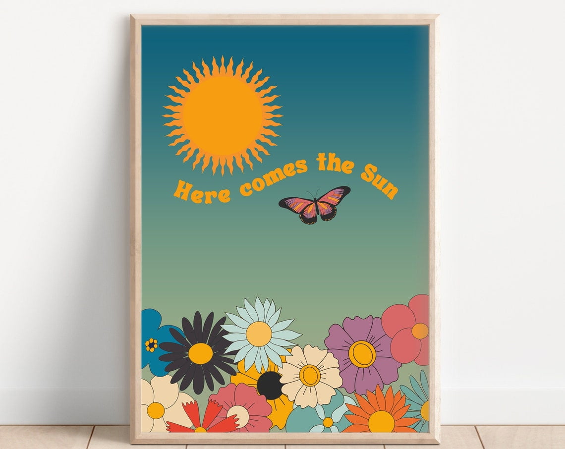 Retro Here Comes The Sun Print - Retro Art, Groovy Floral, 1970S 1960S ...