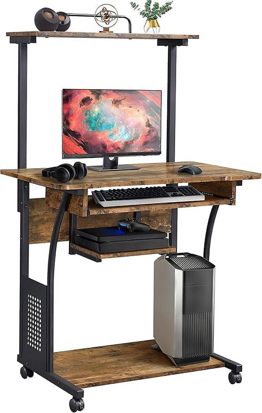 Retro Computer Desk on Wheels Mobile Computer Desk with Printer Shelf ...