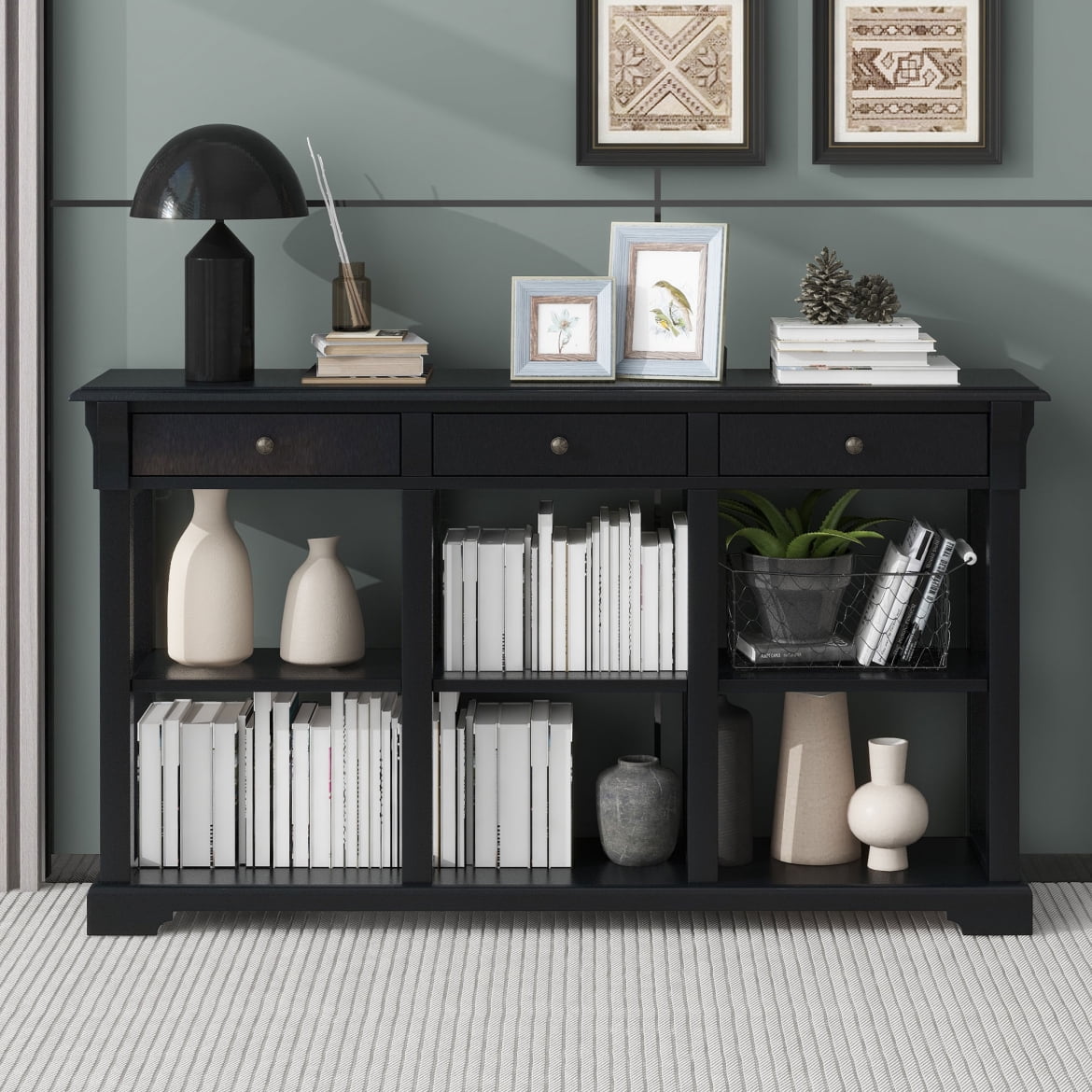 Retro Console Table with Ample Storage, Solid Wood Sofa Table with Two ...