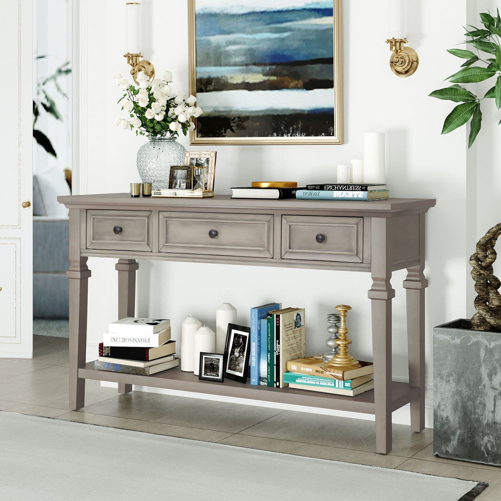 Retro Console Table with 3 Drawers and Open Shelf, Solid Wood Entryway ...
