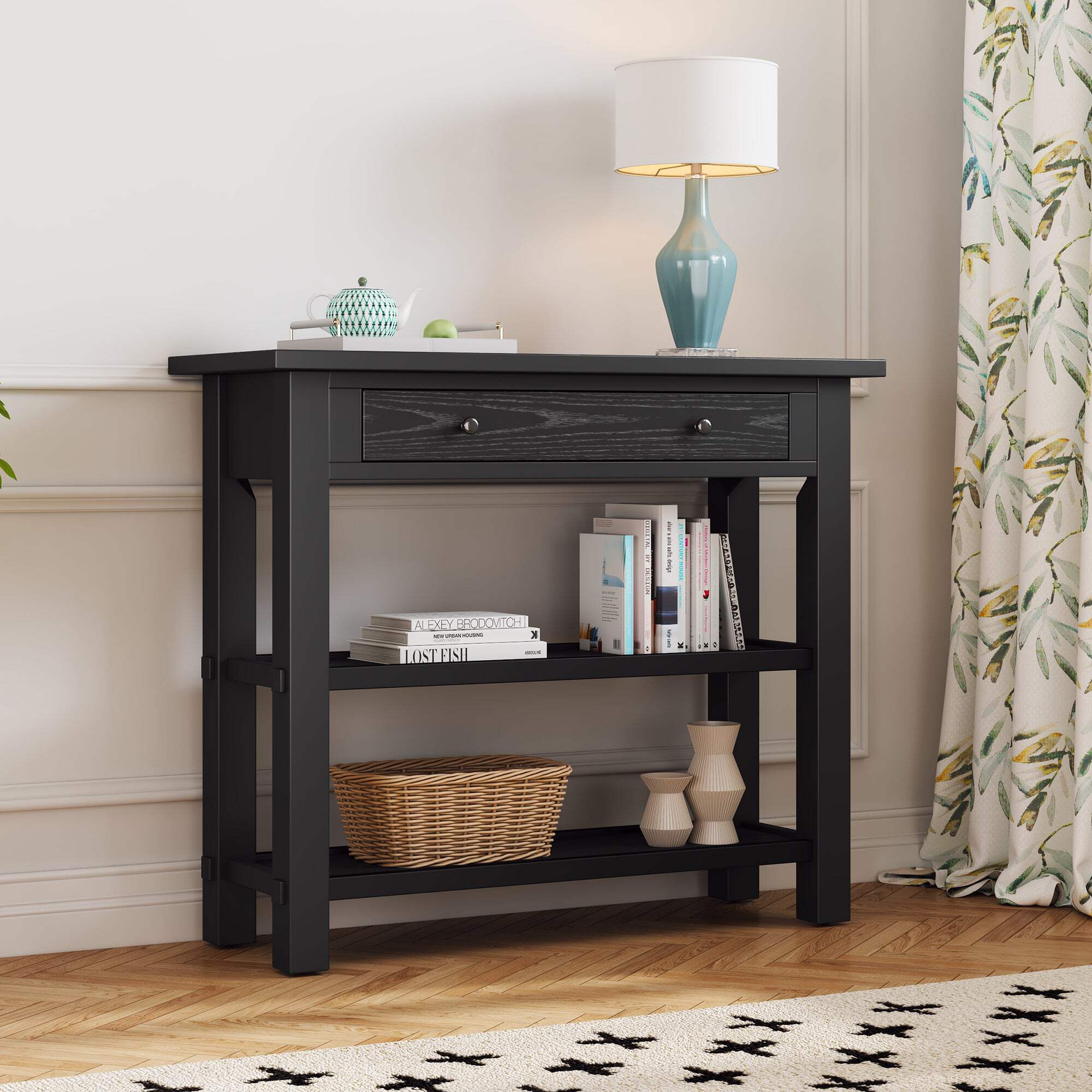 Retro Console Table with Drawer and Two Sturdy Shelves for Entryway ...