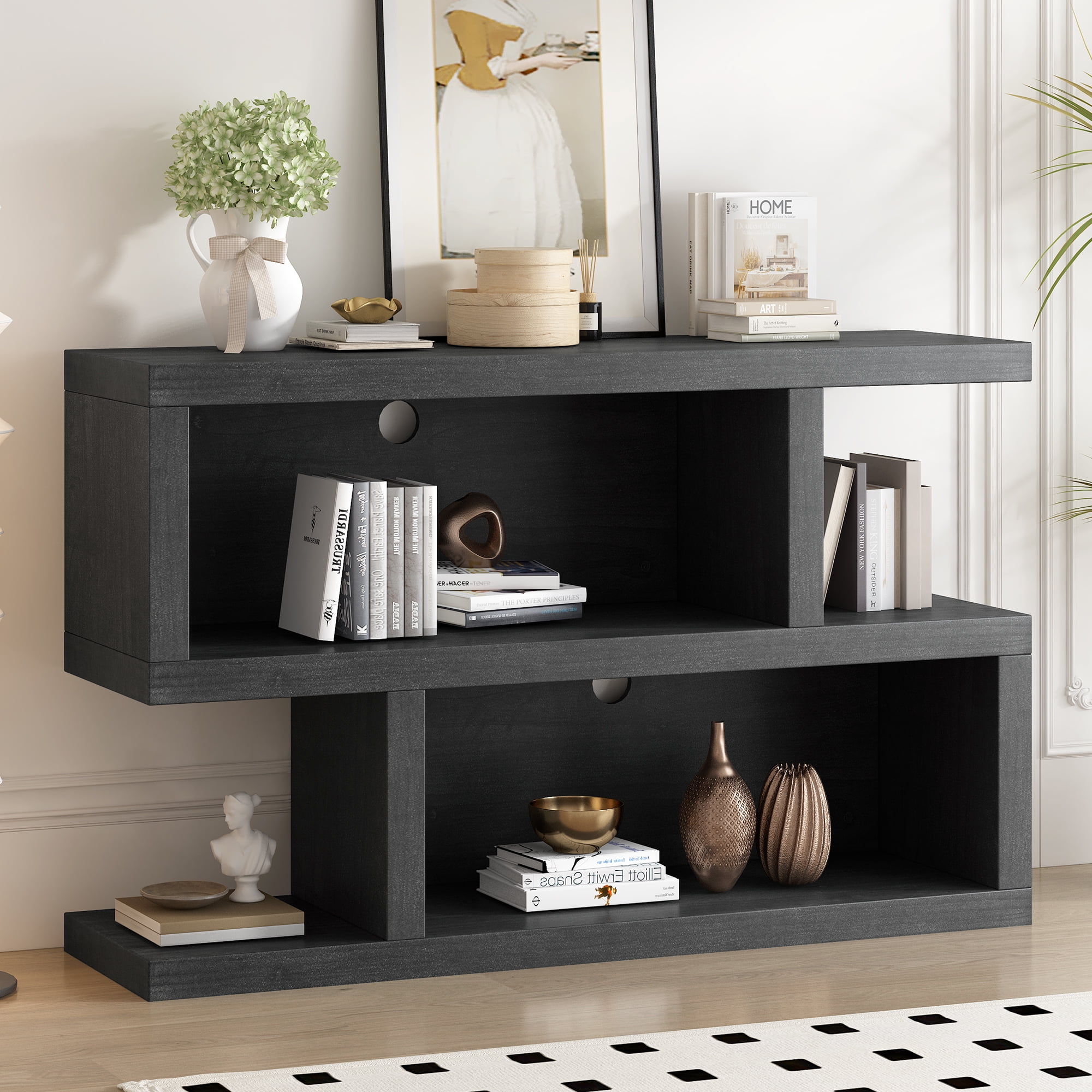 Retro Console Table with Symmetrical 2-Tier Open Shelf for Entryway and ...