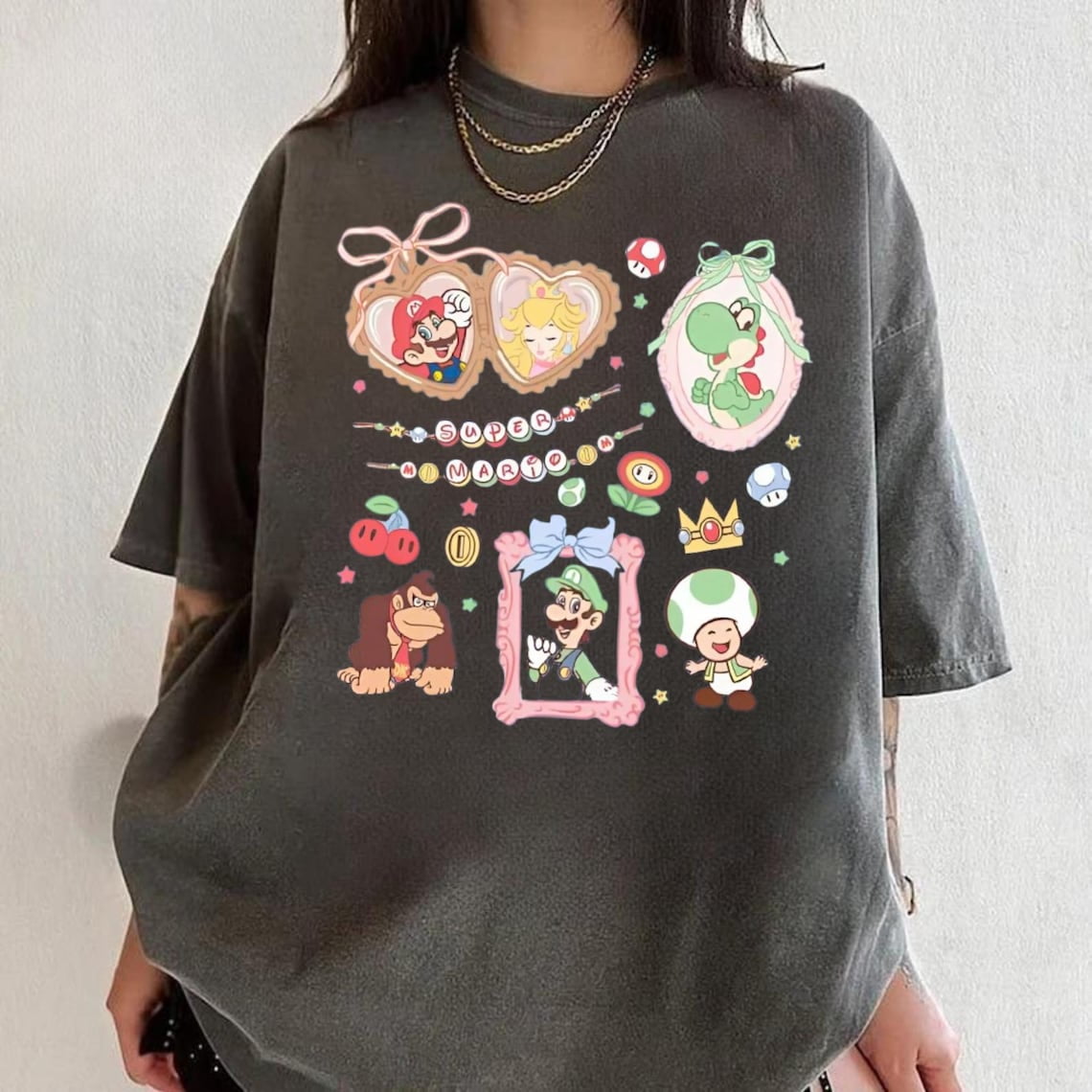 Retro Coquette Bows Super Mario T-shirt, Super Mario Luigi Princess ...