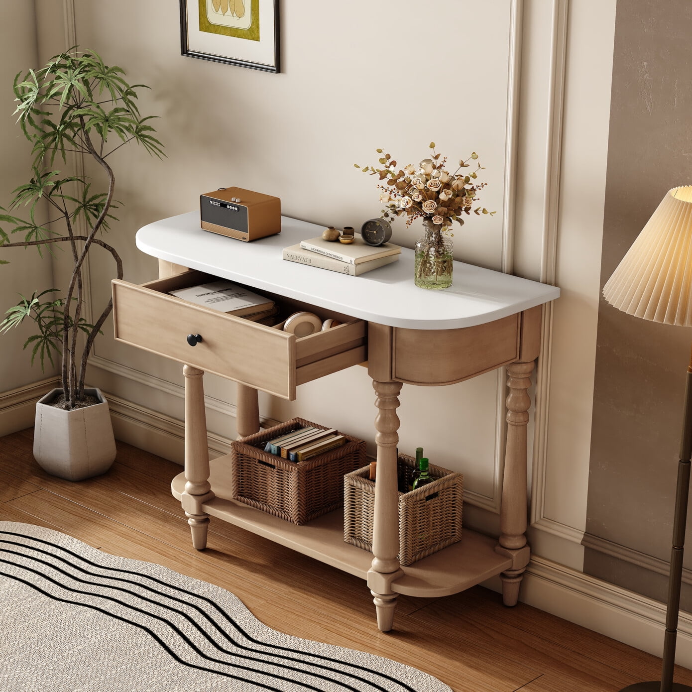 Retro Corner-curved Console Table, Narrow Entryway Table with Top ...