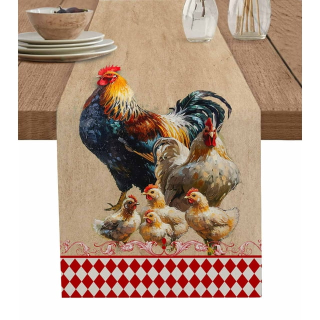 Retro Country Farm Rooster Hen Table Runner Cotton Linen Wedding Table ...
