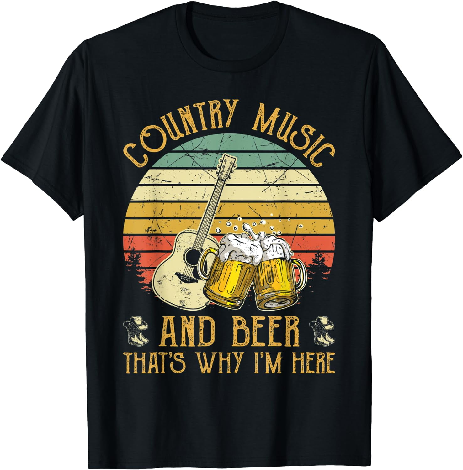 Retro Country Music And Beer That's Why I'm Here Vintage T-Shirt Black ...