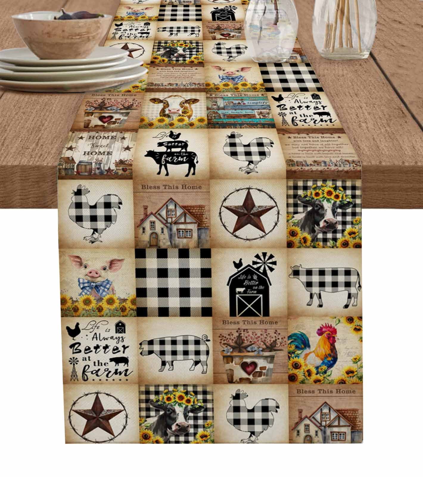 Retro Country Table Runner Vintage Farmhouse Rooster Stars Tablerunners ...