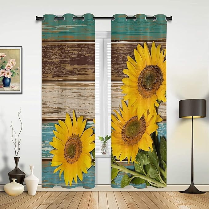 Retro Countryside Soft Polyester Window Curtain, Sunflower Triple Weave ...
