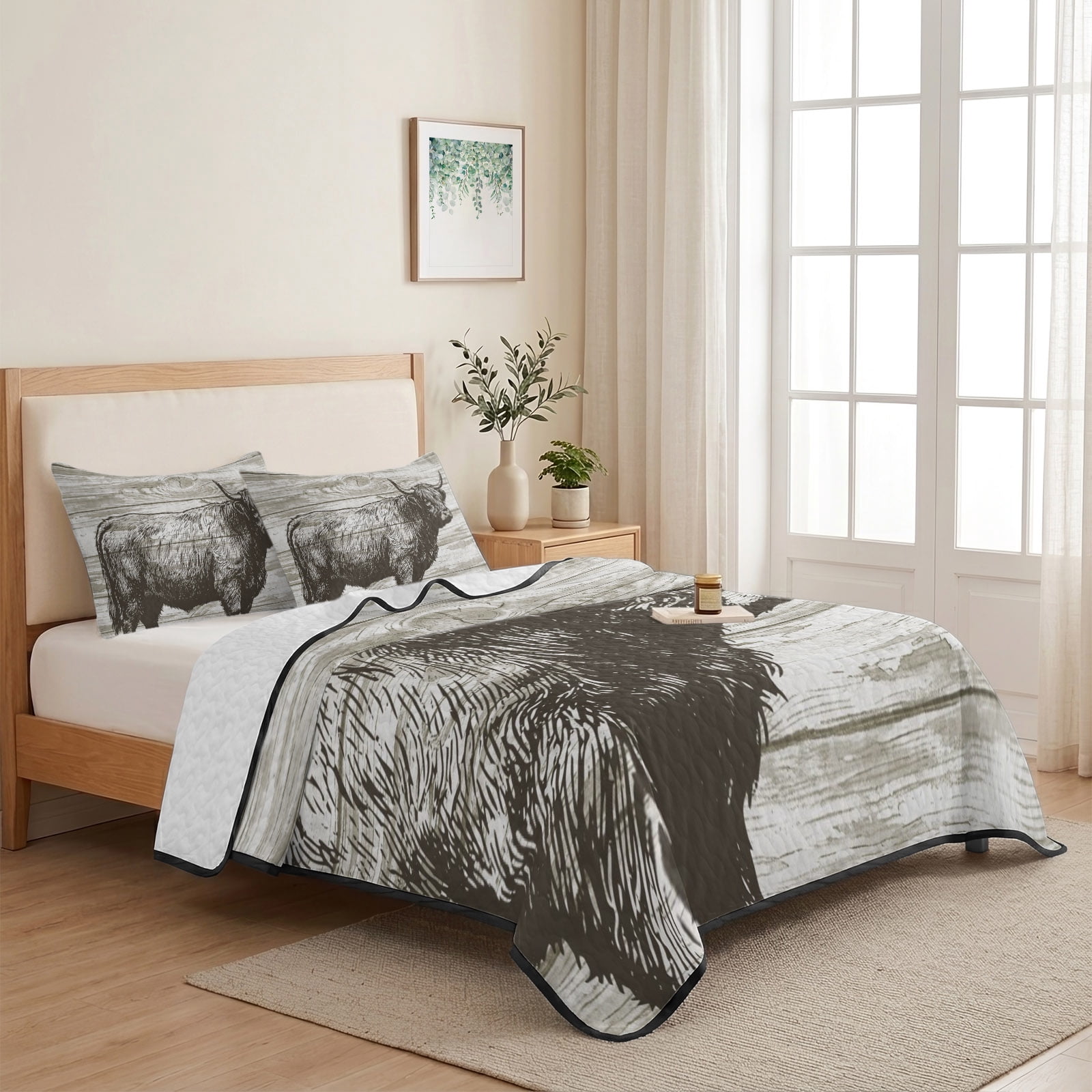 Retro Countryside Yaks Art 3 Pieces Quilt Set,1 Quilt with 2 Shams,Farm ...
