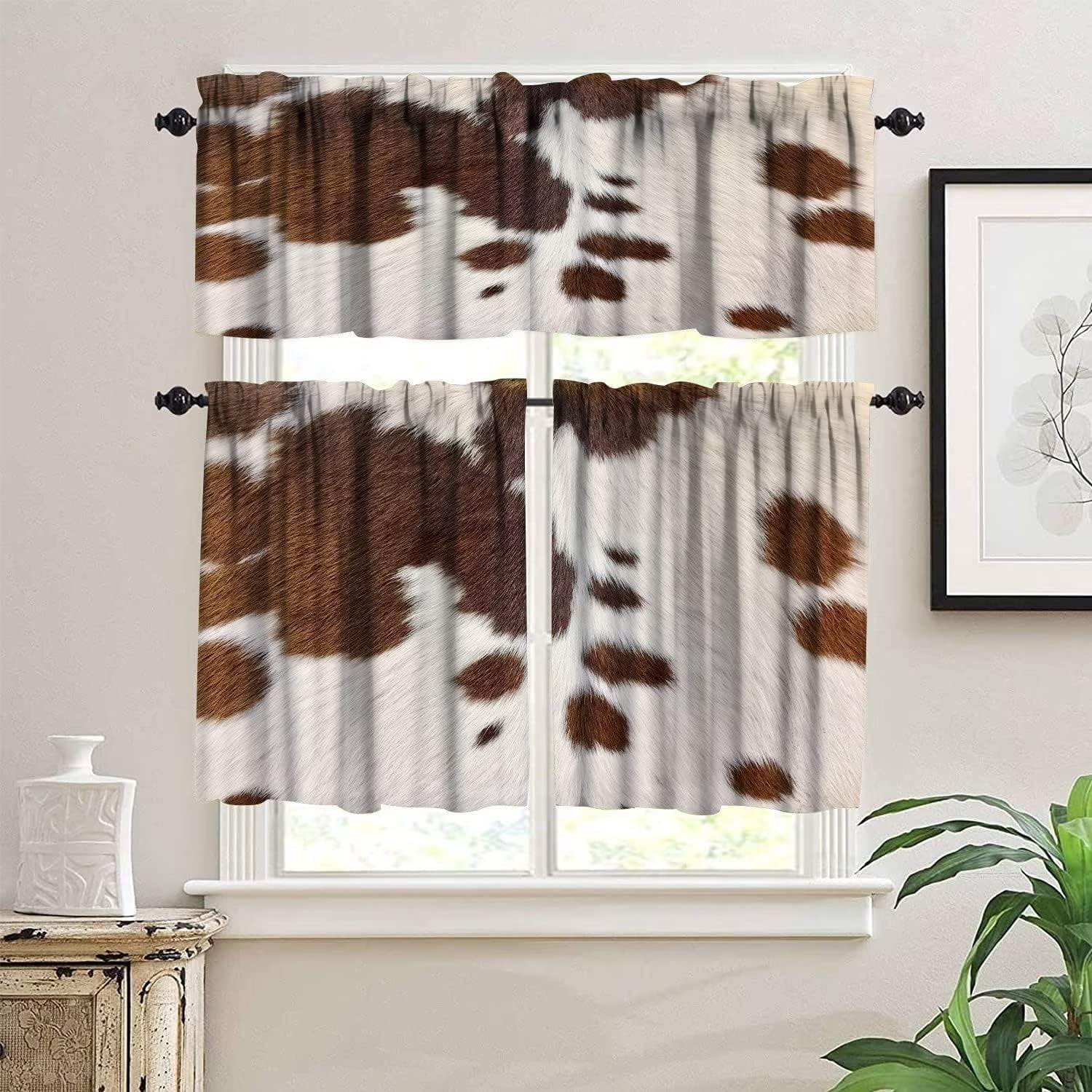 Retro Cow Print Kitchen Curtain Tiers and Valance Curtain Sets Animal ...