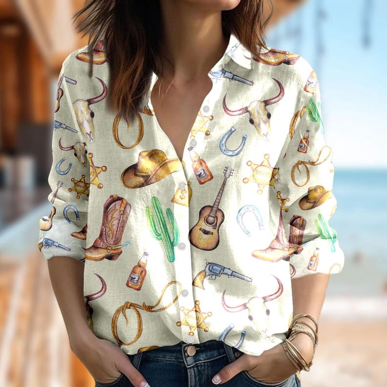 Retro Cowboy Blouses Women Shirt, Western Cowboy Casual Women Shirt ...