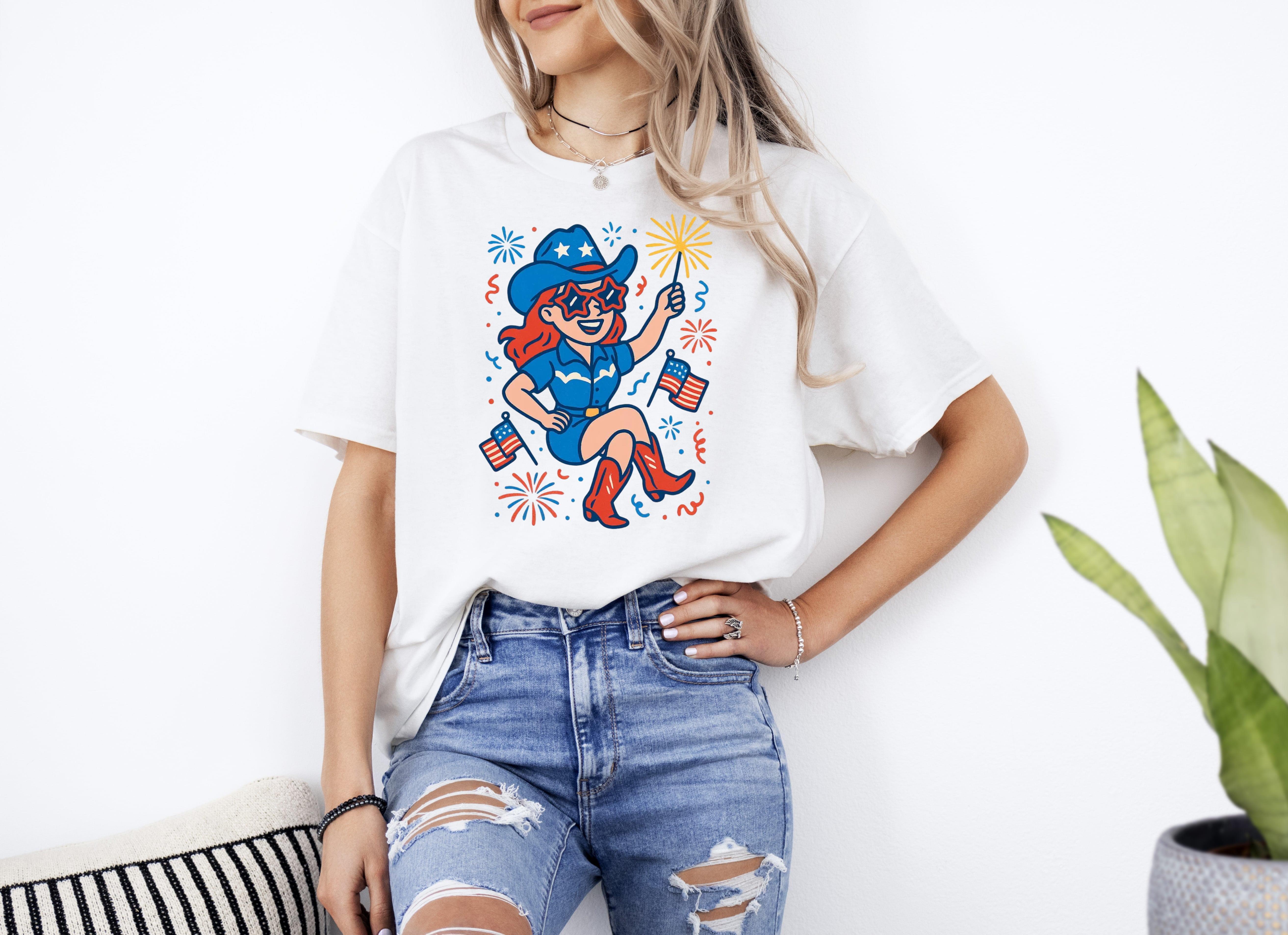 Retro Cowgirl Patriotic 4th Of July Western Independence Graphic T ...