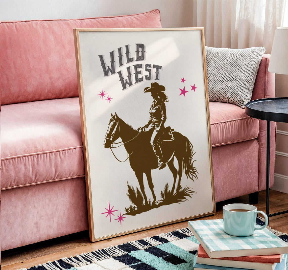 Retro Cowgirl Riding Horse Poster Neutral Wild West Art Poster ...