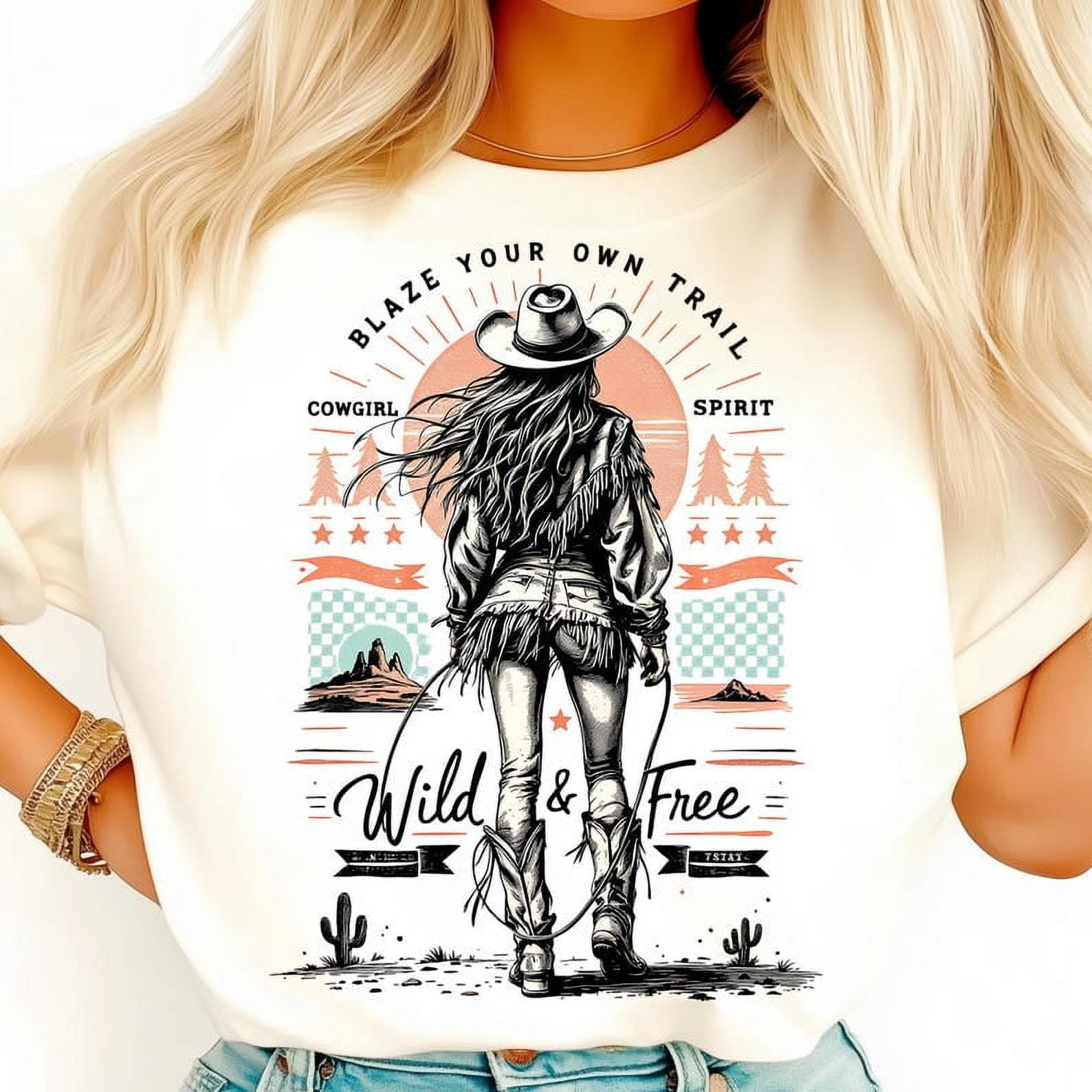 Retro Cowgirl - Wild & Free Western Sunset, Comfort Cotton, 2025, Cute ...