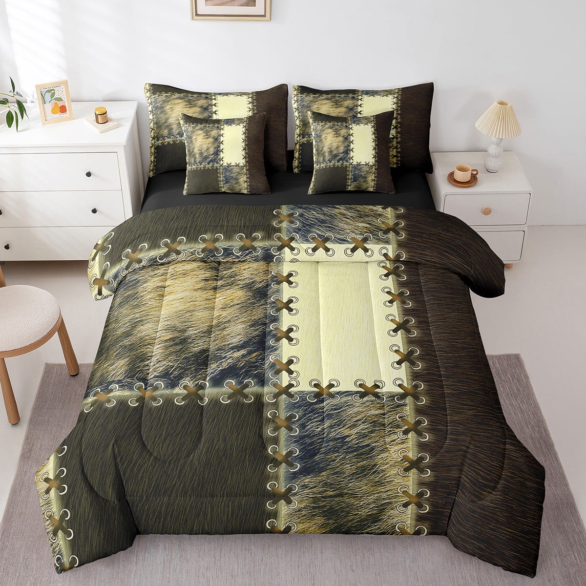 Retro Cowhide Bed in a Bag Queen Comforter Set 7 Piece,Patchwork Cow ...